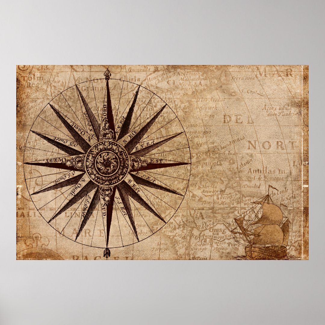 Compass Sailing Ship Discovery Age World Map Poster | Zazzle