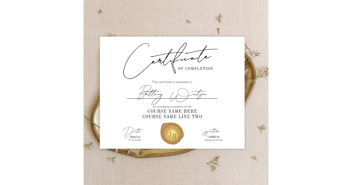 Completion Certificate Elegant Gold Wax Stamp | Zazzle