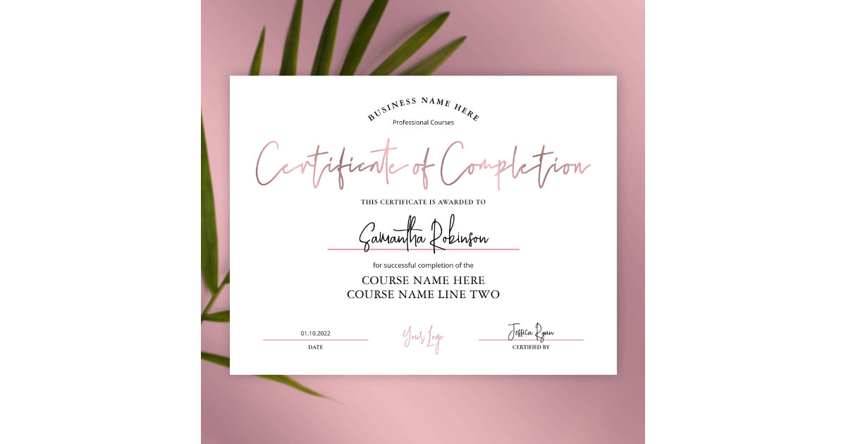 Completion Certificate Rose Gold Achievement Award | Zazzle