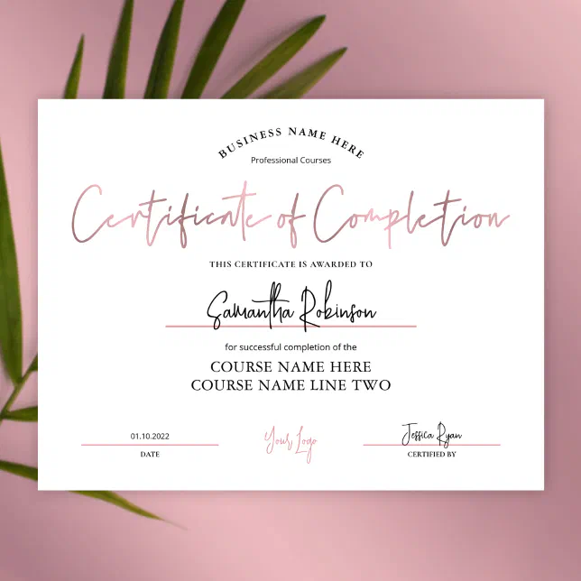 Completion Certificate Rose Gold Achievement Award | Zazzle