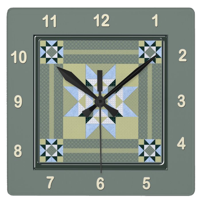 Complex Star Patch Quilt Block in Greens Square Wall Clock | Zazzle.com