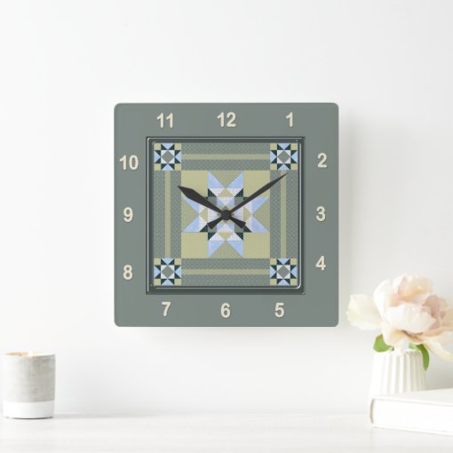 Complex Star Patch Quilt Block in Greens Square Wall Clock | Zazzle