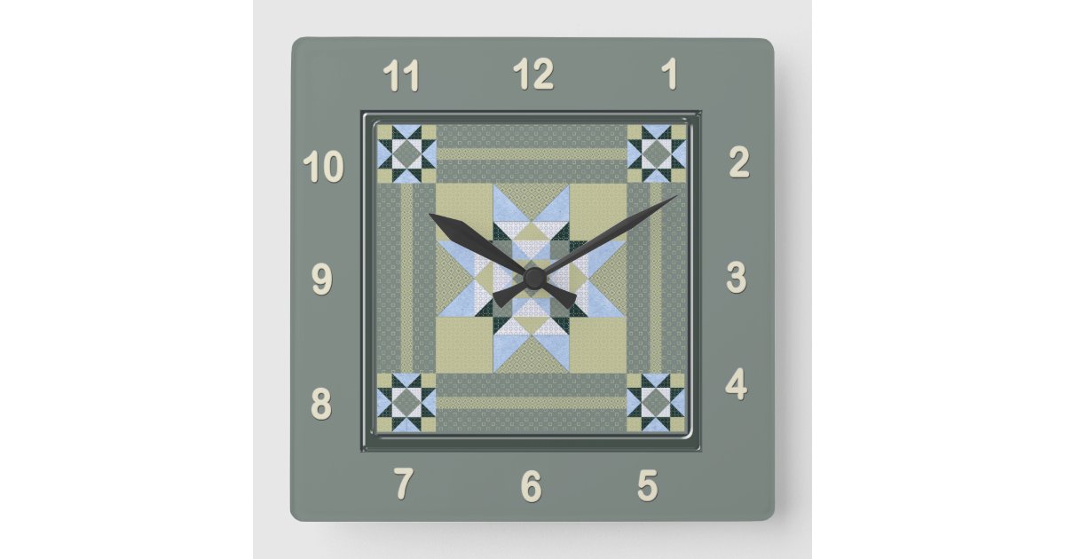 Complex Star Patch Quilt Block in Greens Square Wall Clock | Zazzle