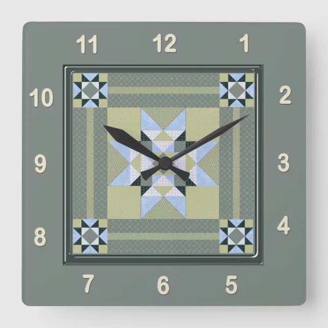 Complex Star Patch Quilt Block in Greens Square Wall Clock | Zazzle