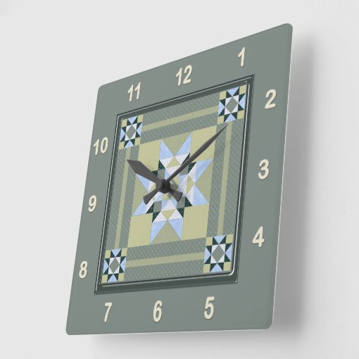 Complex Star Patch Quilt Block in Greens Square Wall Clock | Zazzle
