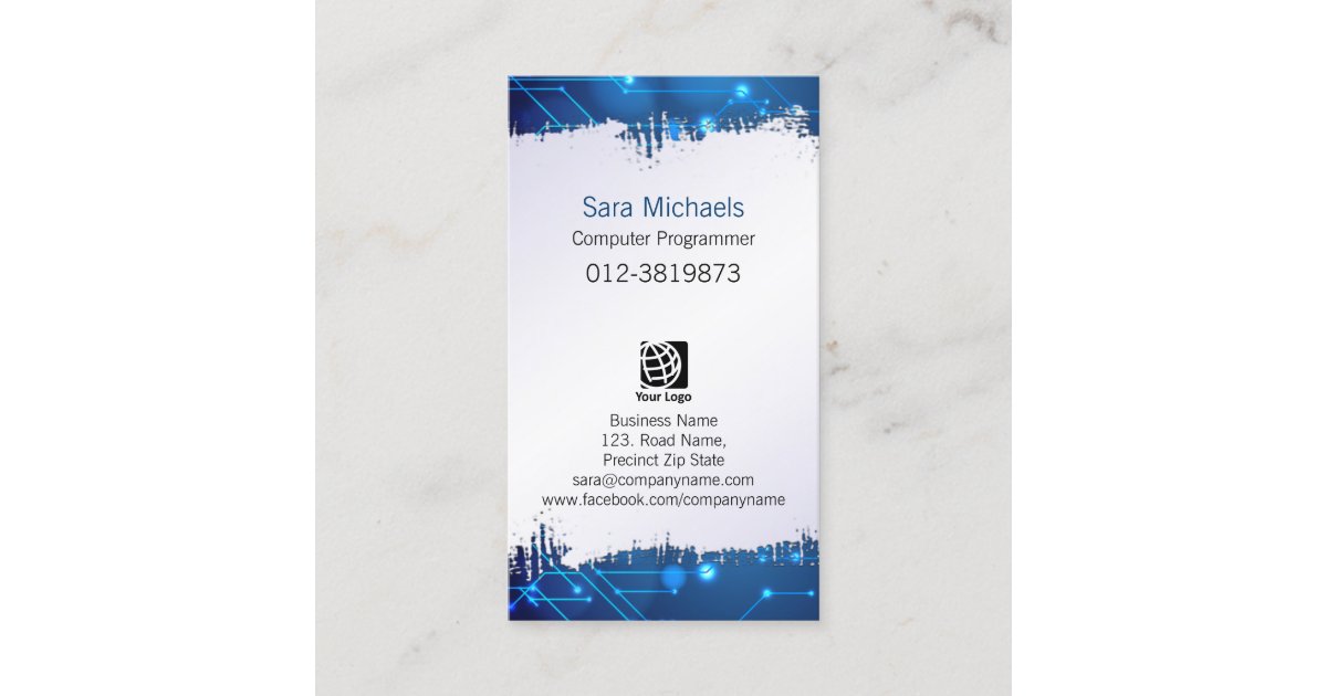Computer Programmer Ripped Paper Blue Circuits Business Card | Zazzle