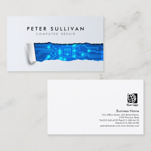 Computer Repair Ripped Paper Electronic Circuits Business Card | Zazzle