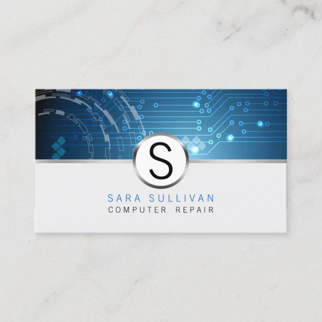 Computer Repair Technical Skills Circuits Monogram Business Card | Zazzle