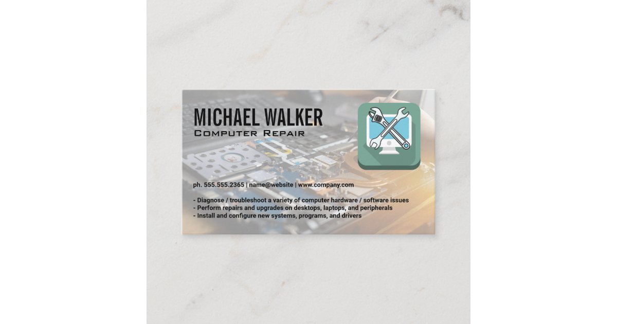 Computer Wrench Repair Logo | Technician Working Business Card | Zazzle