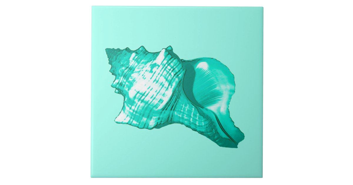 Conch shell sketch - turquoise, white and aqua tile | Zazzle