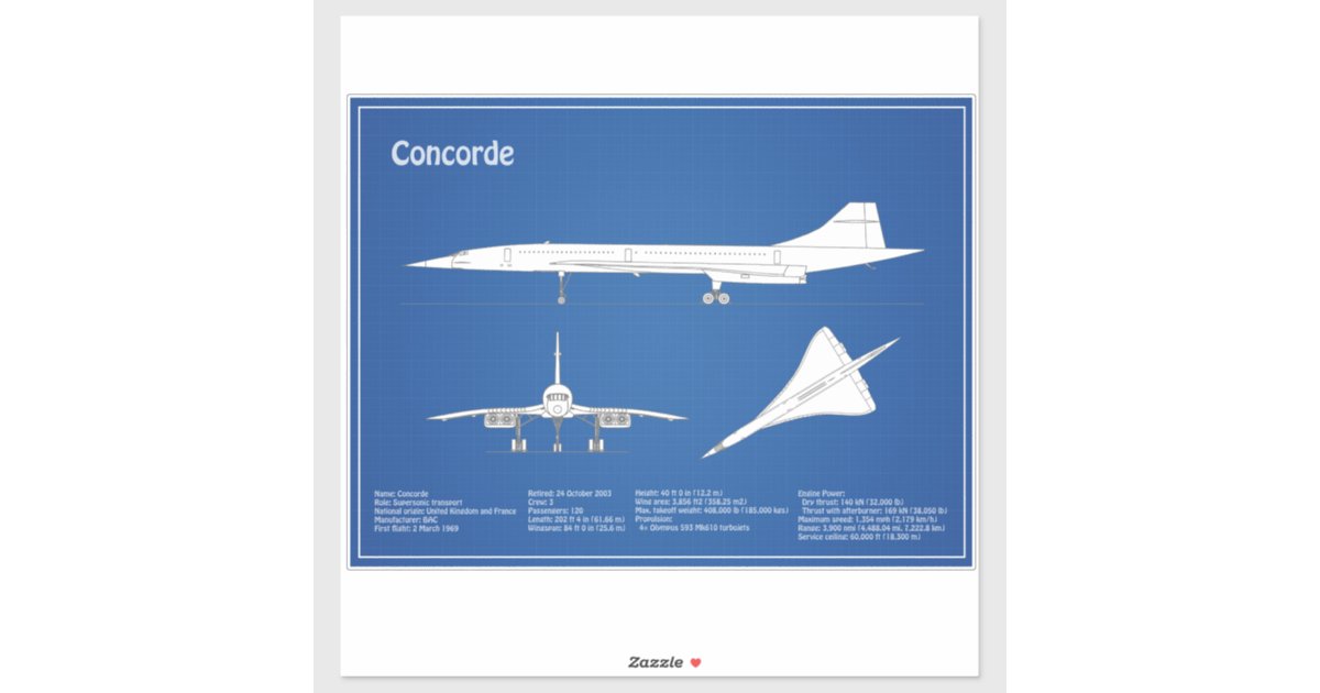 Concorde - Airplane Blueprint Drawing Plans ABD Sticker | Zazzle