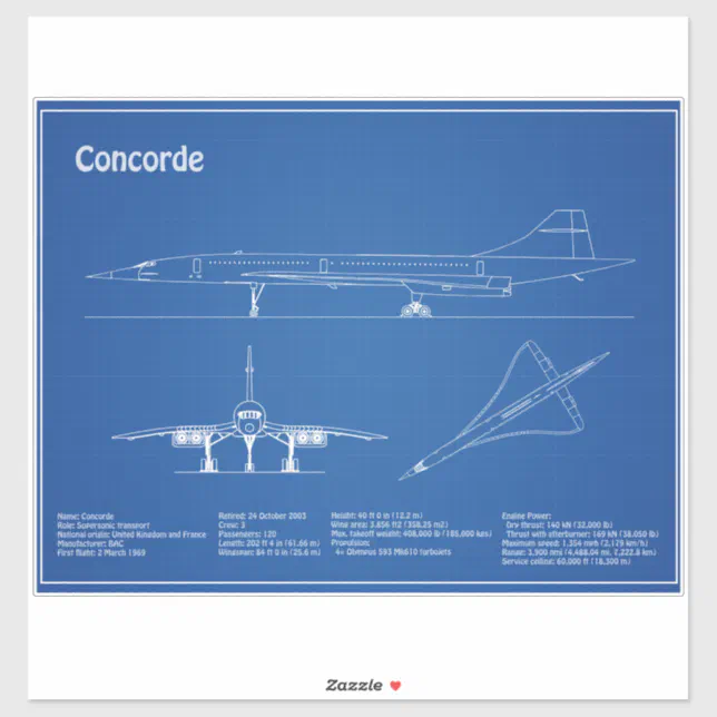 Concorde - Airplane Blueprint Drawing Plans AD Sticker | Zazzle