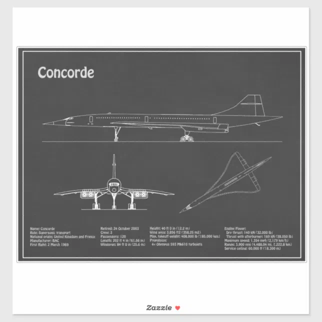 Concorde - Airplane Blueprint Drawing Plans PD Sticker | Zazzle