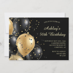 Confetti Balloons Black Gold 50th Birthday Invitation | Zazzle
