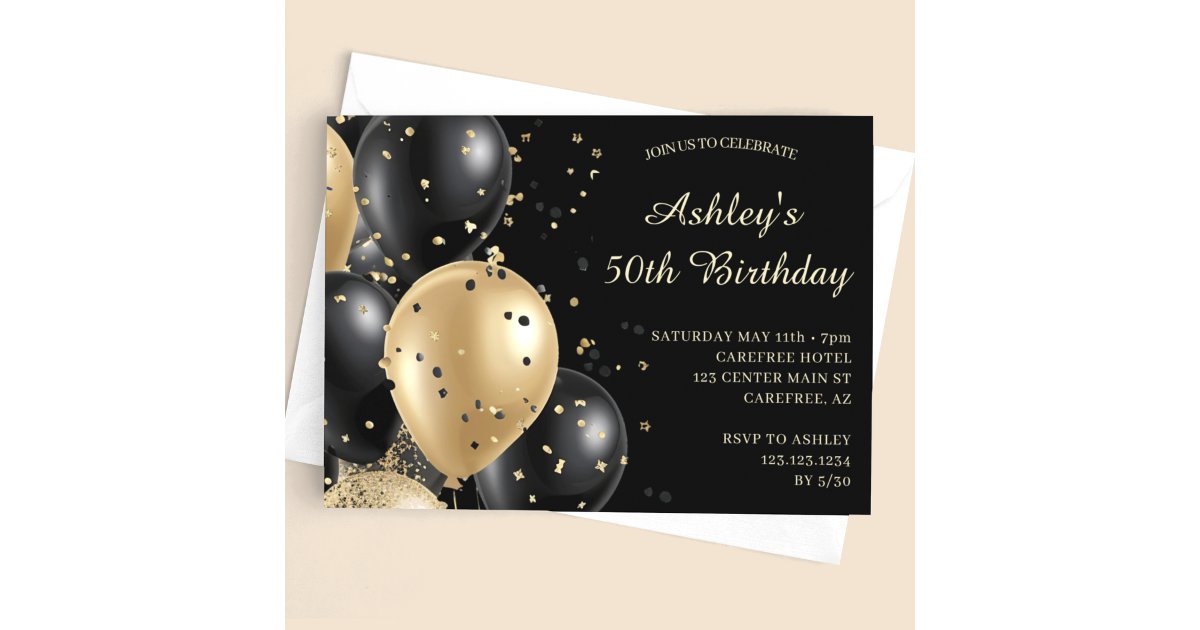 Confetti Balloons Black Gold 50th Birthday Invitation | Zazzle