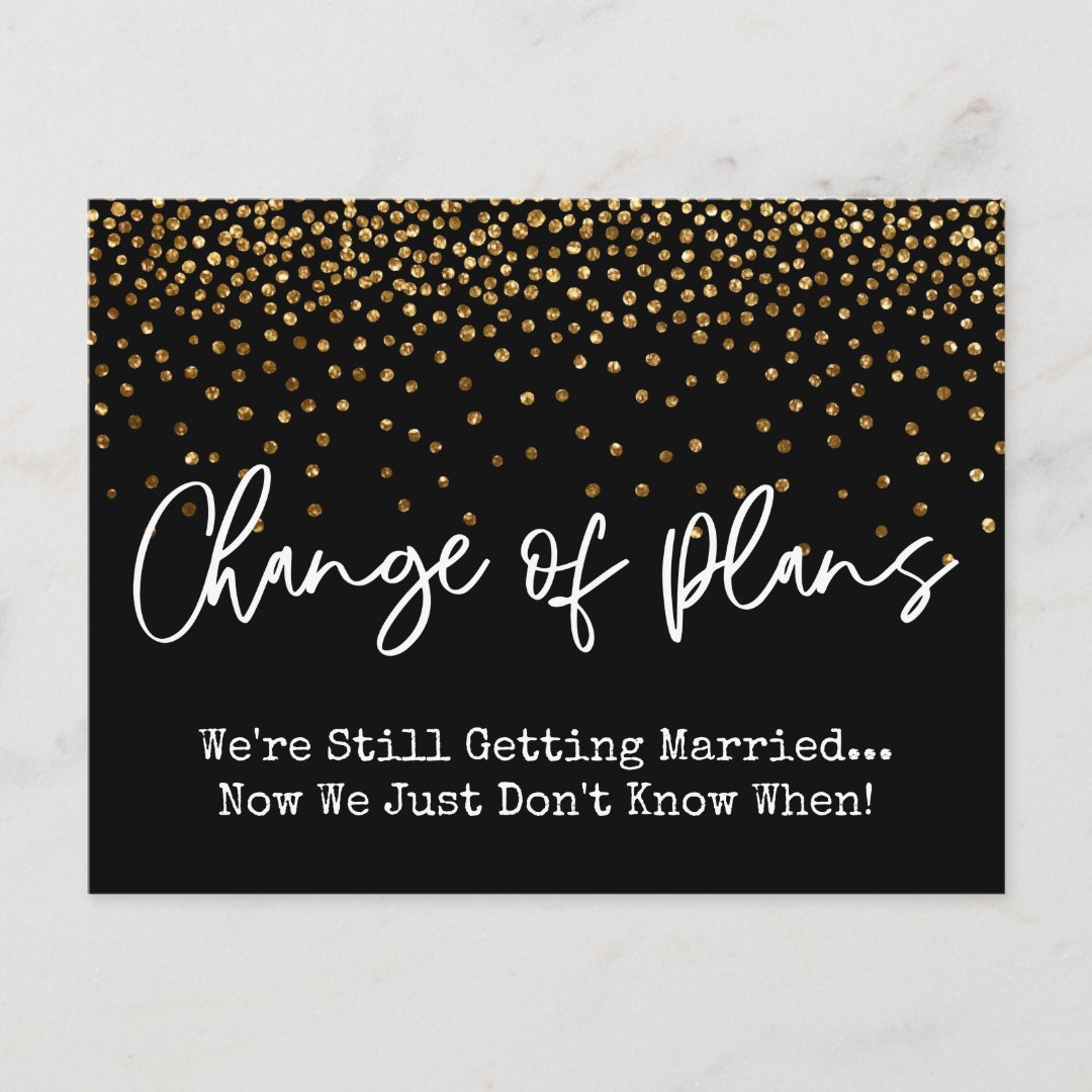Confetti Black Change of Plans Postponed Wedding Postcard | Zazzle