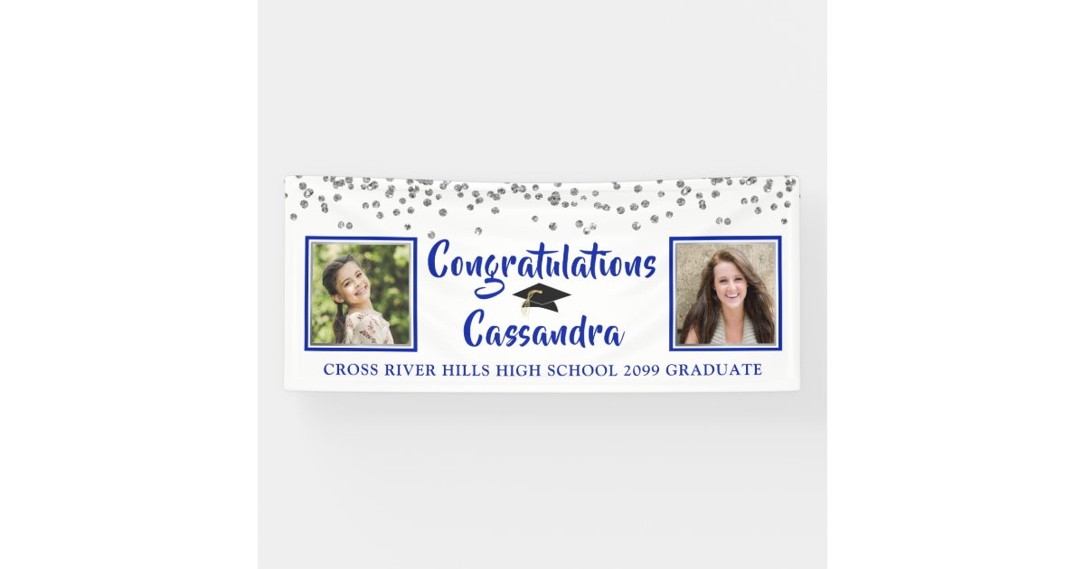 Confetti Brush Script Photo Graduation Royal Blue Banner | Zazzle