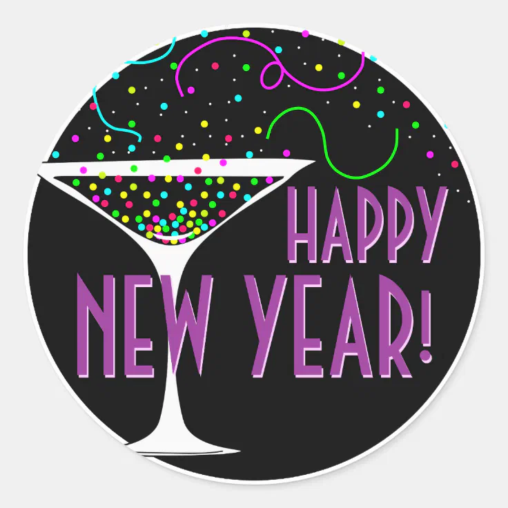 Confetti Cocktail Happy New Year Round Sticker | Zazzle