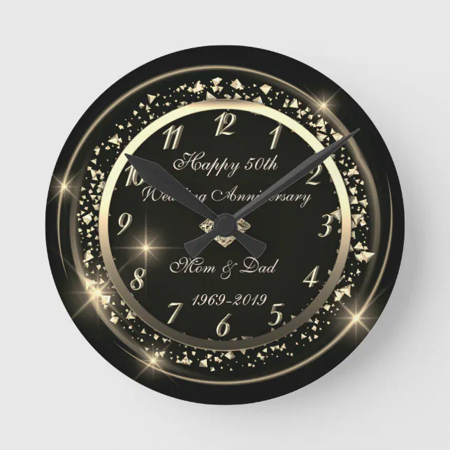 Confetti Diamond Black 50th Wedding Anniversary Round Clock | Zazzle
