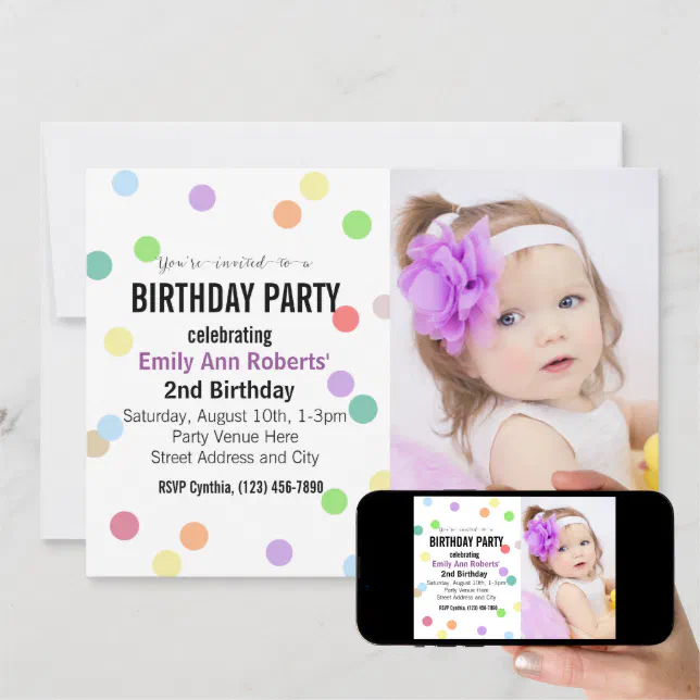 Confetti Dots Custom Photo Birthday Party Invitation | Zazzle