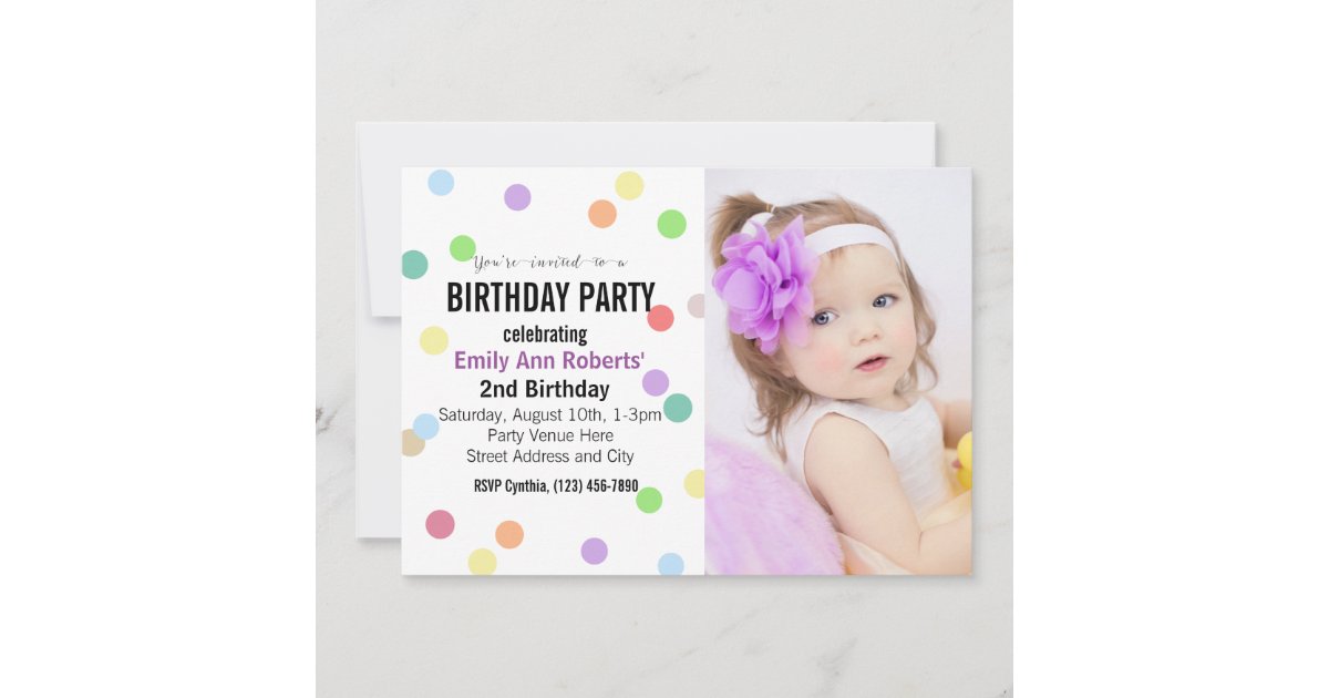 Confetti Dots Custom Photo Birthday Party Invitation | Zazzle