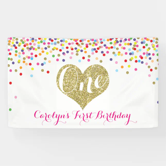 Confetti First Birthday Banner Gold Glitter Heart | Zazzle