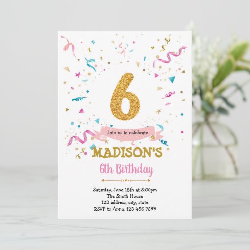 Confetti glitter 6th birthday invitation | Zazzle