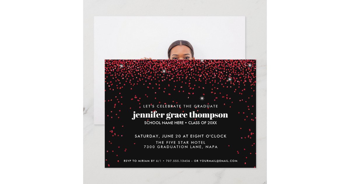 Confetti Glitter Red Black Photo Graduation Party Invitation | Zazzle