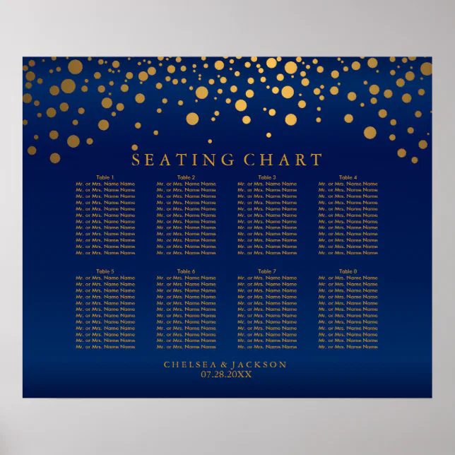 Confetti Gold Dots & Navy Blue Satin Seating Chart | Zazzle