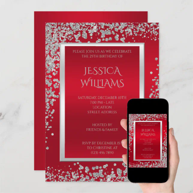 Confetti Of Diamonds & Ruby Red Birthday party Invitation | Zazzle