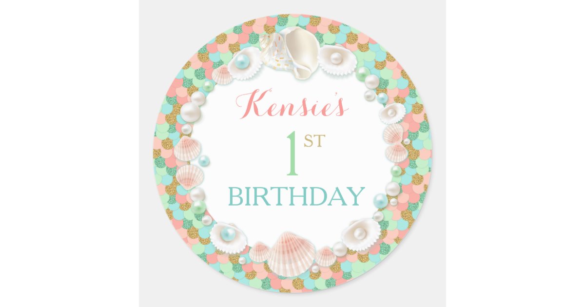 Confetti Sea Shells Coral Mint Peach Gold Classic Round Sticker | Zazzle