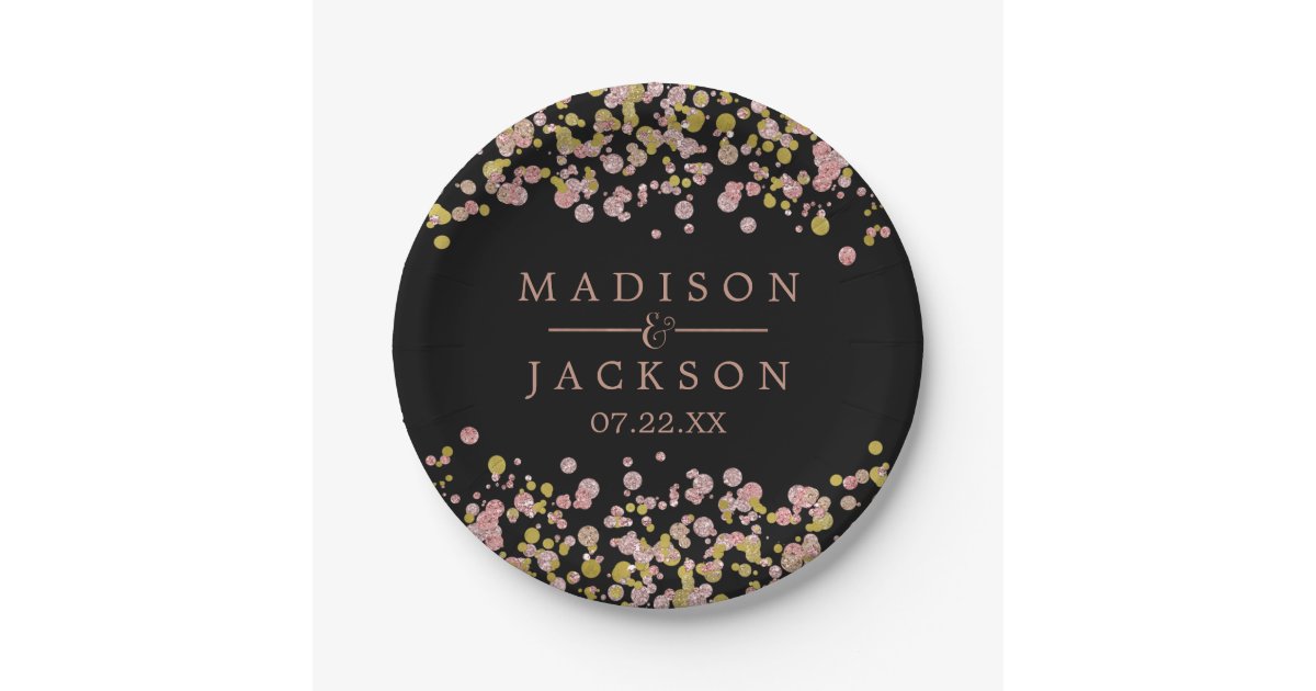 Confetti Sparkle Shine Rose Gold Wedding Monogram Paper Plates | Zazzle