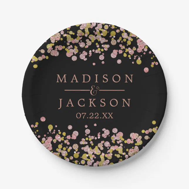 Confetti Sparkle Shine Rose Gold Wedding Monogram Paper Plates | Zazzle