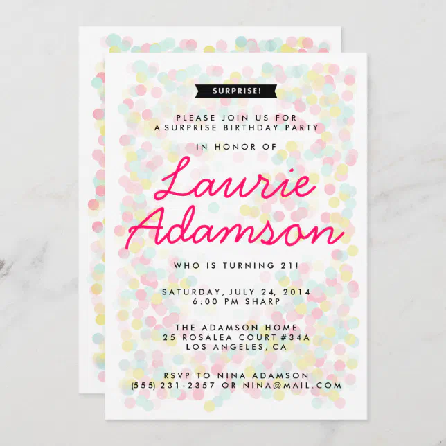 Confetti Surprise Birthday Party Invitations | Zazzle