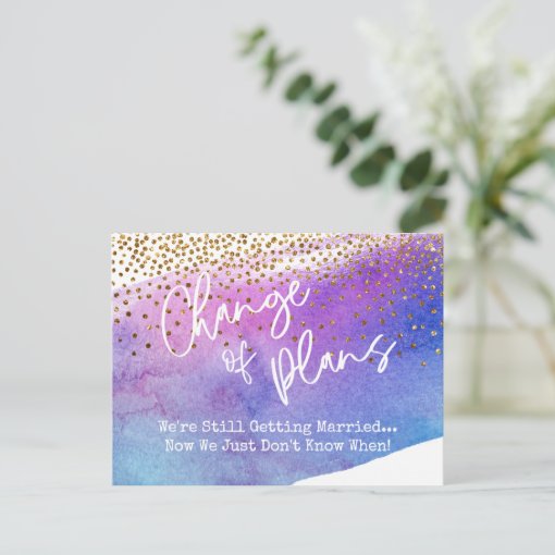 Confetti & Watercolor Postponed Wedding Change Postcard | Zazzle