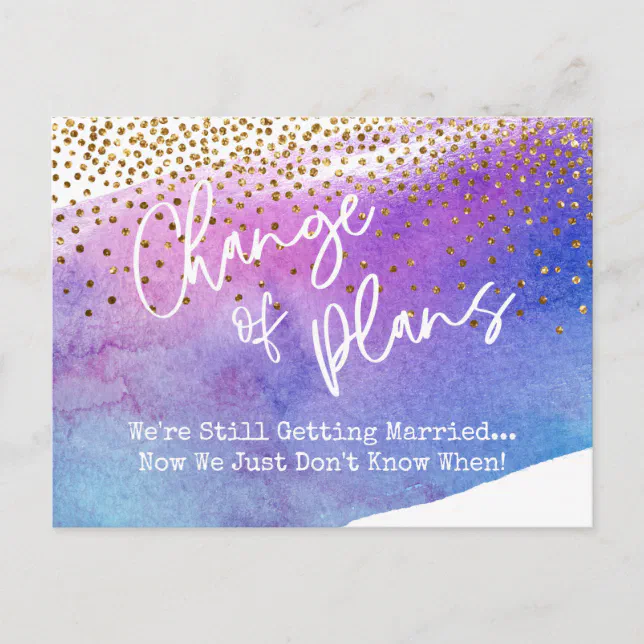 Confetti & Watercolor Postponed Wedding Change Postcard | Zazzle