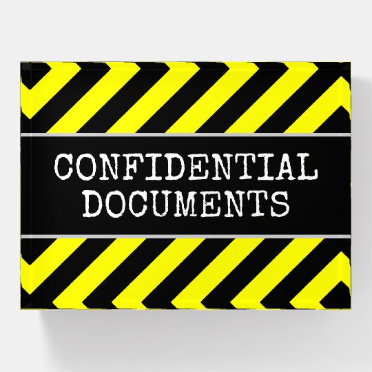 “CONFIDENTIAL DOCUMENTS” + Warning Stripes Paperweight | Zazzle.com