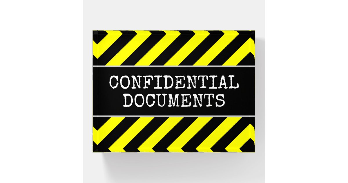 “CONFIDENTIAL DOCUMENTS” + Warning Stripes Paperweight | Zazzle