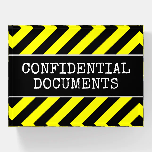 “CONFIDENTIAL DOCUMENTS” + Warning Stripes Paperweight | Zazzle