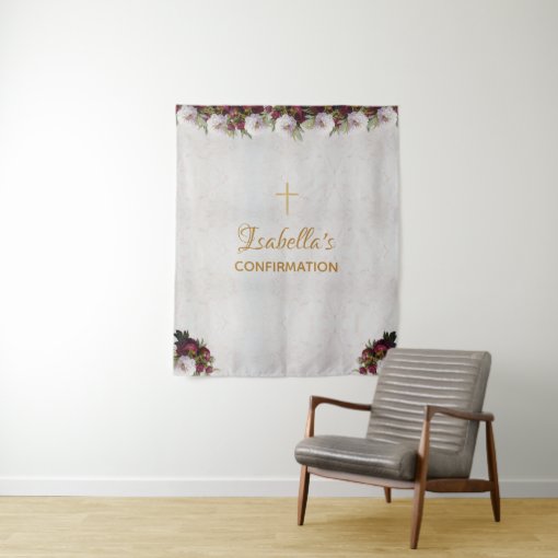 Confirmation Backdrop Marble Gold Burgundy Peonies | Zazzle