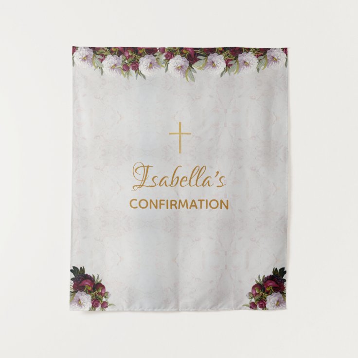 Confirmation Backdrop Marble Gold Burgundy Peonies | Zazzle