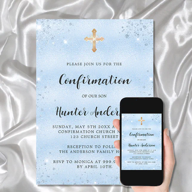 Confirmation blue boy elegant script simple invitation | Zazzle