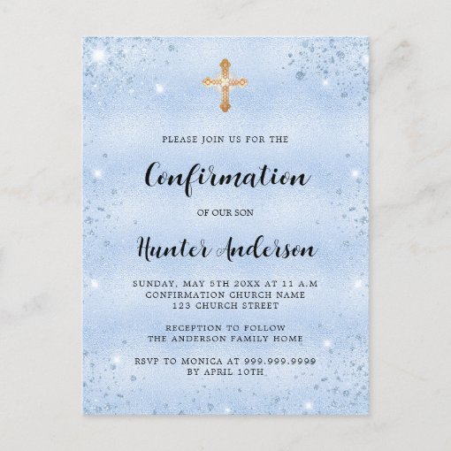 Confirmation blue boy elegant script simple invitation postcard | Zazzle
