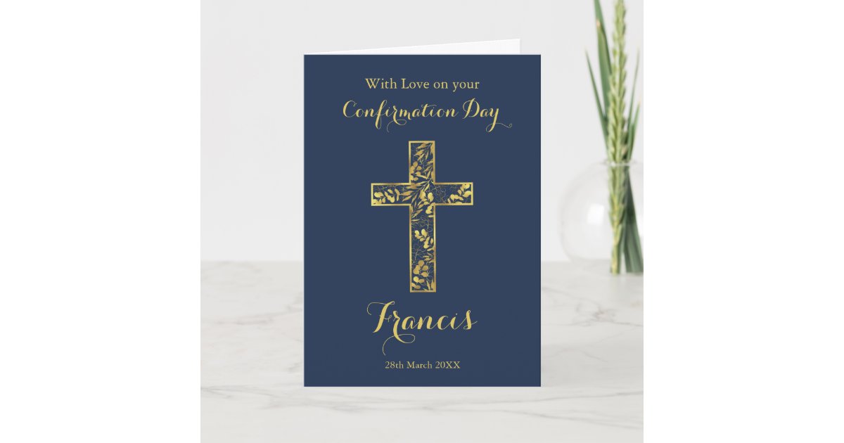 Confirmation blue gold cross boys name card | Zazzle