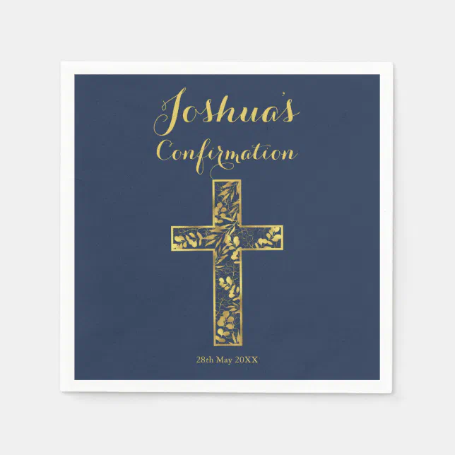 Confirmation Blue gold cross name boy Napkins | Zazzle