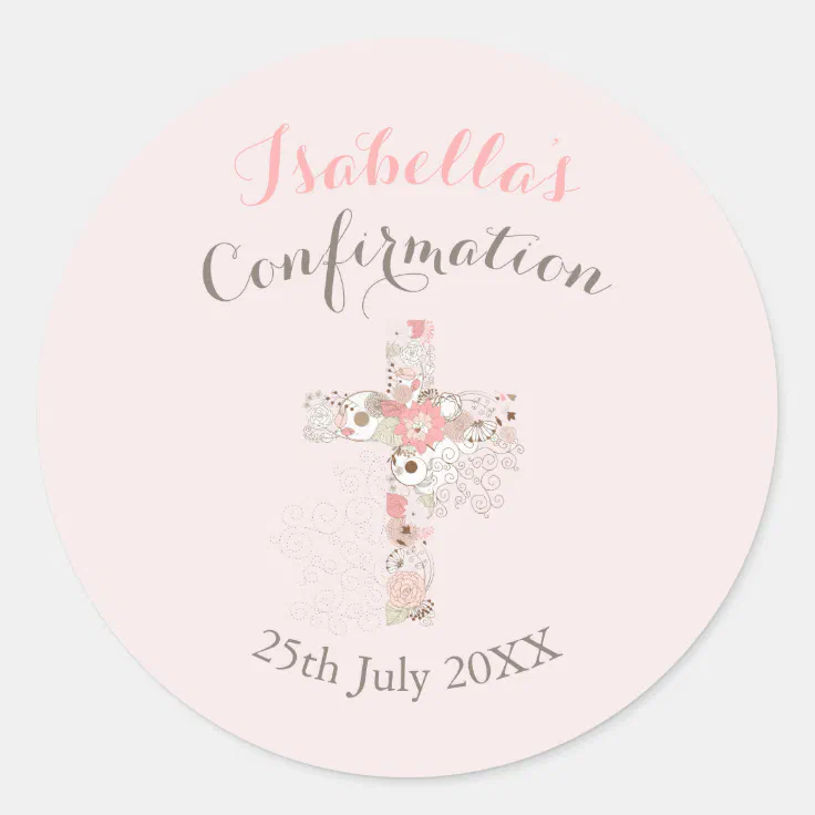 Confirmation blush pink floral cross name classic round sticker | Zazzle