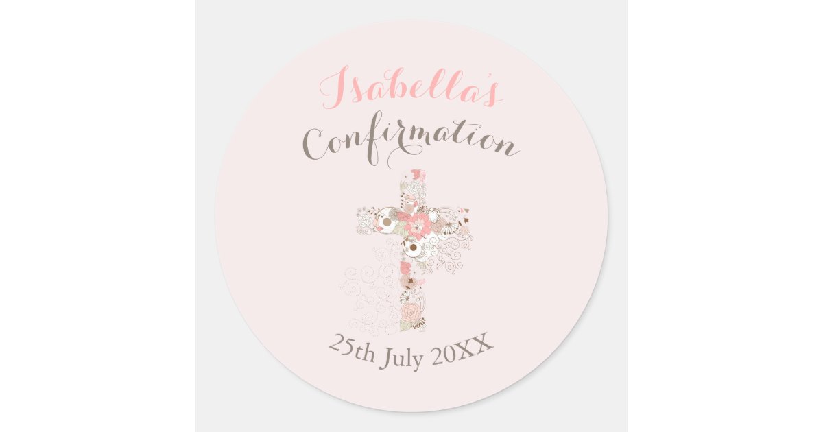 Confirmation blush pink floral cross name classic round sticker | Zazzle