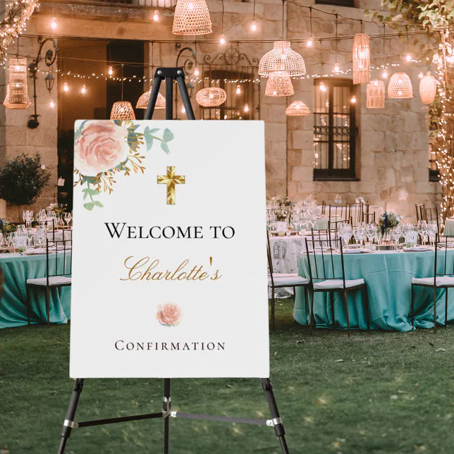 Confirmation blush pink floral eucalyptus welcome foam board | Zazzle