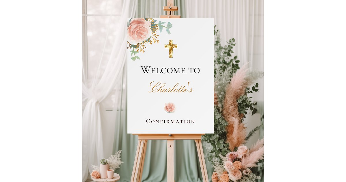 Confirmation blush pink floral eucalyptus welcome foam board | Zazzle