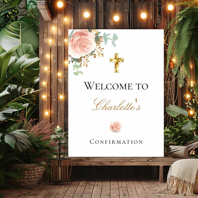 Confirmation blush pink floral eucalyptus welcome poster | Zazzle